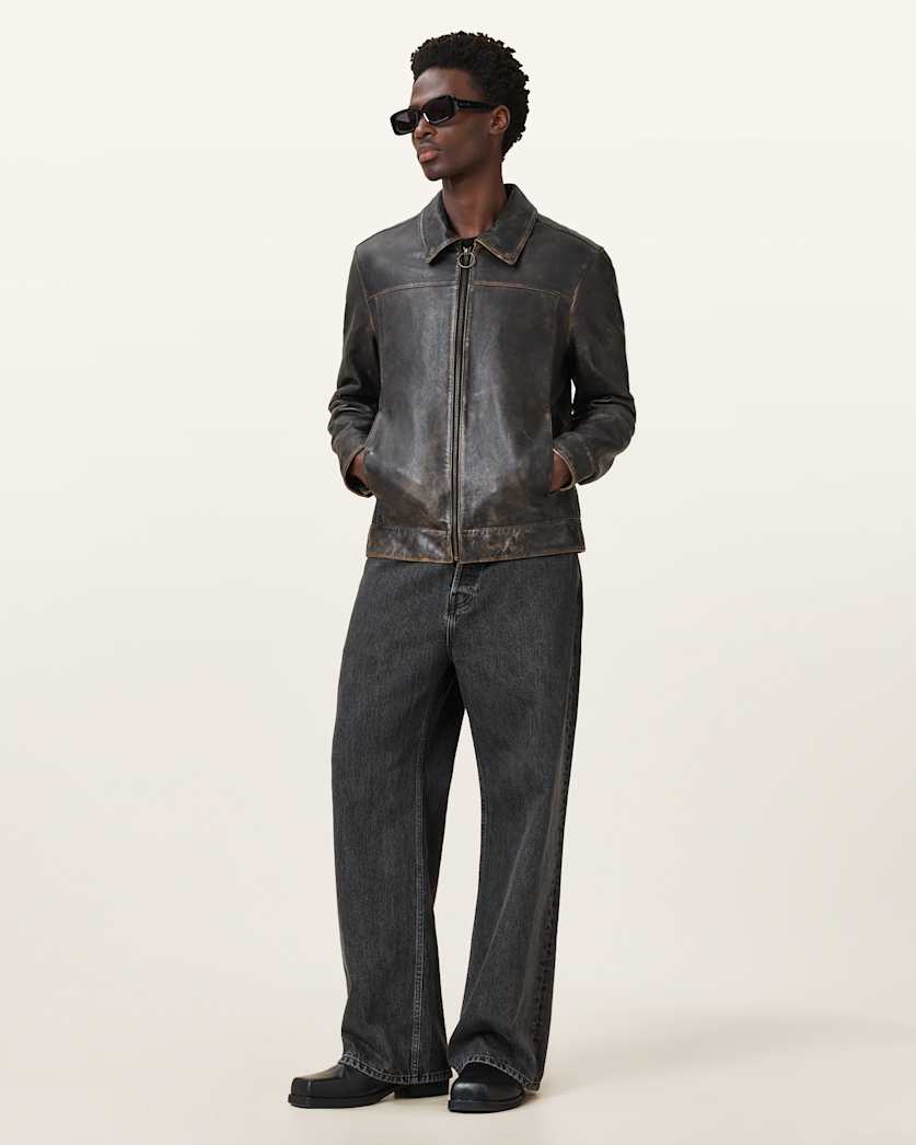 Alkan Zip Up Two Tone Leather Jacket Vintage Black | ALLSAINTS